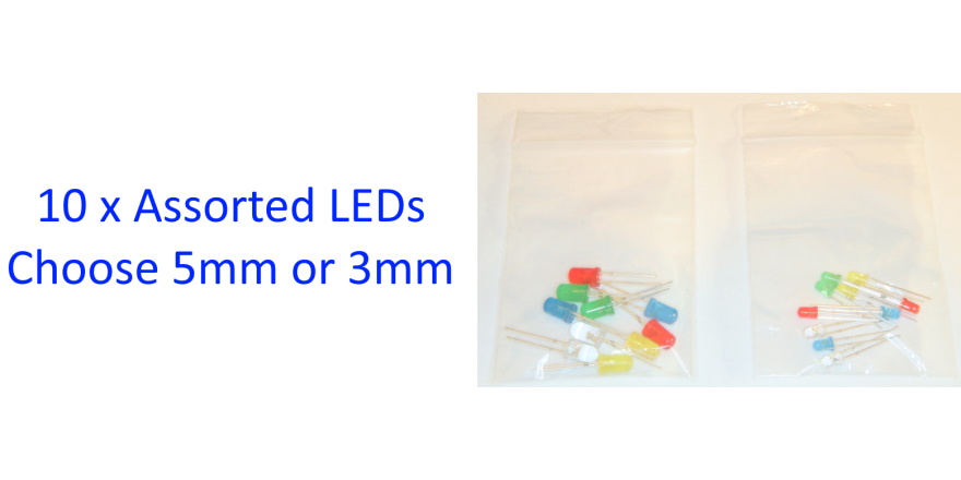 10 assorted LEDs. 3mm or 5mm.